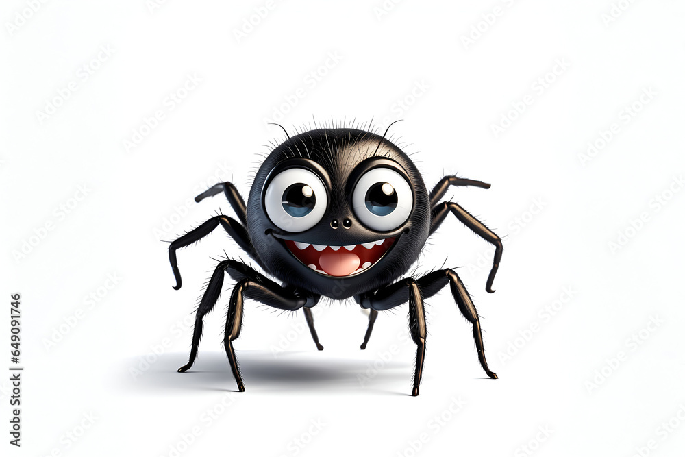 3D cartoon style smiling happy black spider standing on an isolated ...