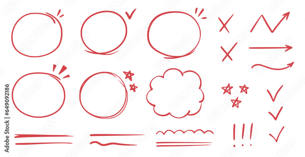 Red line check mark, underline, circle. Hand drawn doodle sketch red ...