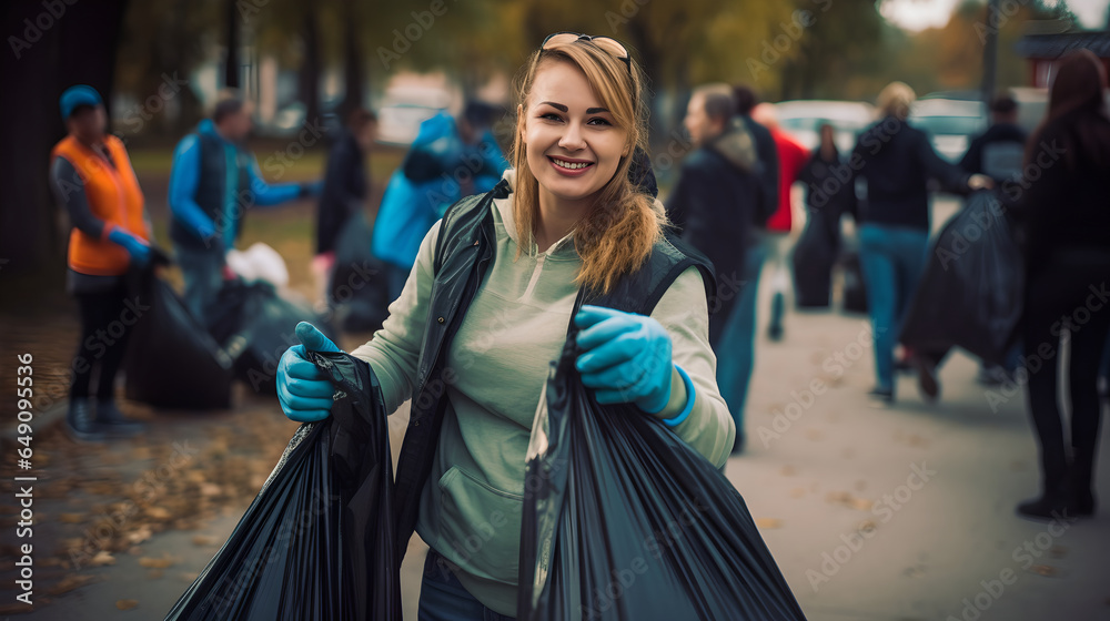 Young female volunteers holding black garbage back to collect plastic ...