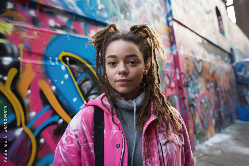 Woman standing confidently in front of vibrant wall covered in graffiti ...