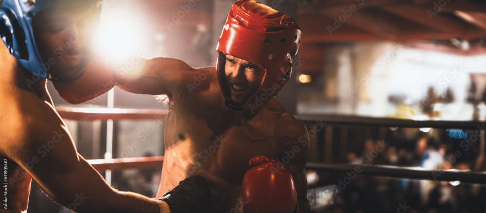 Two athletic and muscular body boxers with safety helmet or boxing head ...