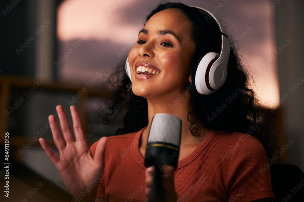 Woman, headphones and microphone, radio talk show and podcast, press ...