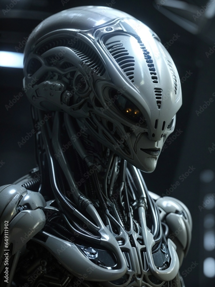 A sinister, grey mechanical alien, its cold steel frame gleaming in ...