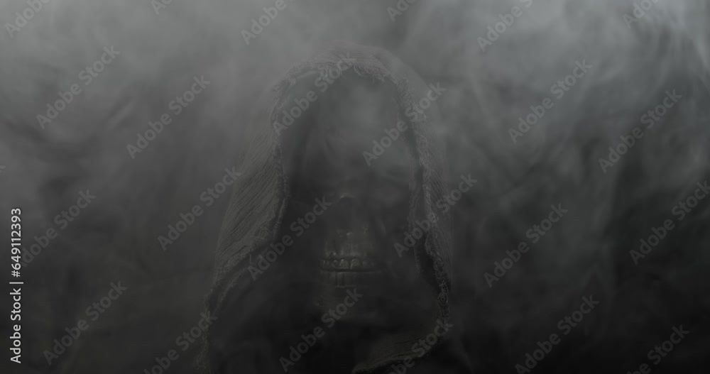 Smoke surrounding mysterious hooded figure with spooky human skull ...