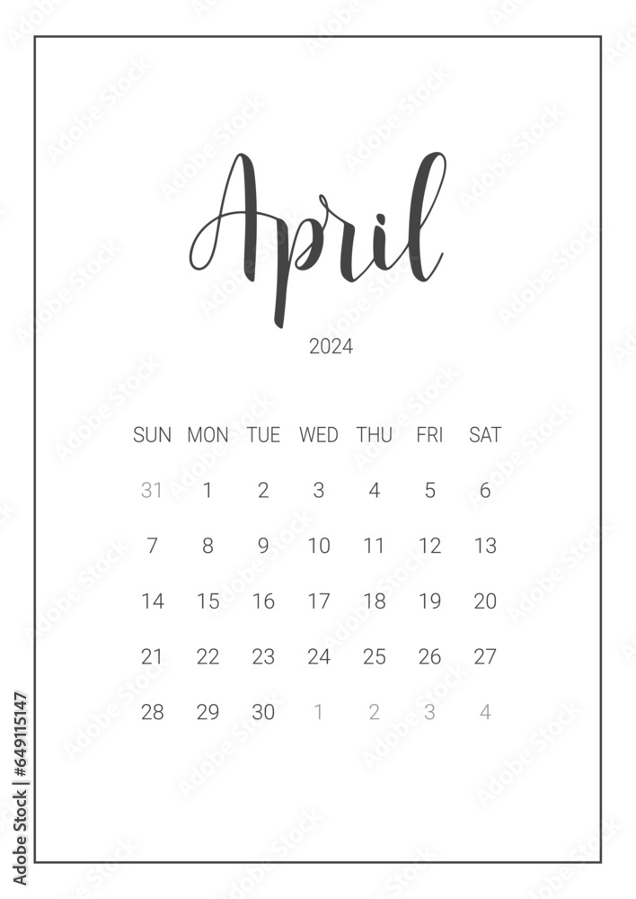 Vector Calendar Planner for April 2024. Handwritten lettering. Week ...