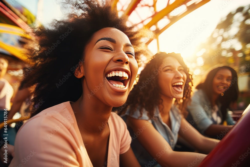 Friends riding roller coaster ride at amusement park. People having fun ...