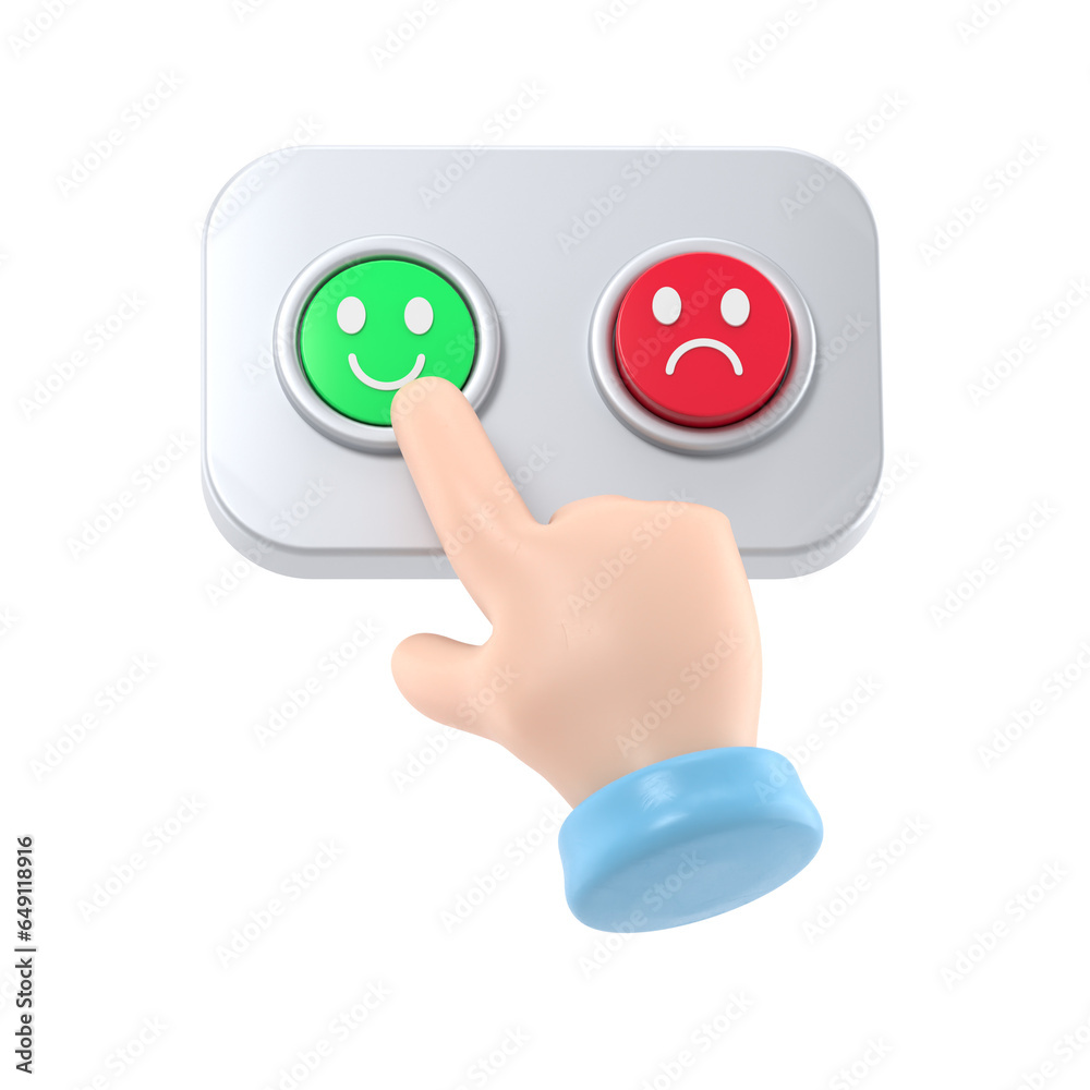 Disappointed customer cartoon hand presses the red button. Business or ...