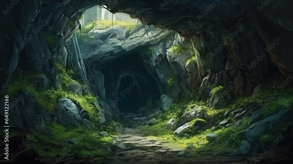 illustration of two caves are covered with moss high in the mountains ...