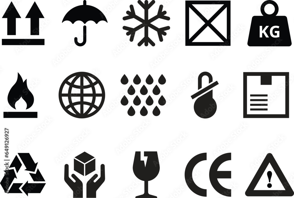 Vector packaging symbols. Delivery icon set including recycle, fragile, flammable, this side up ...
