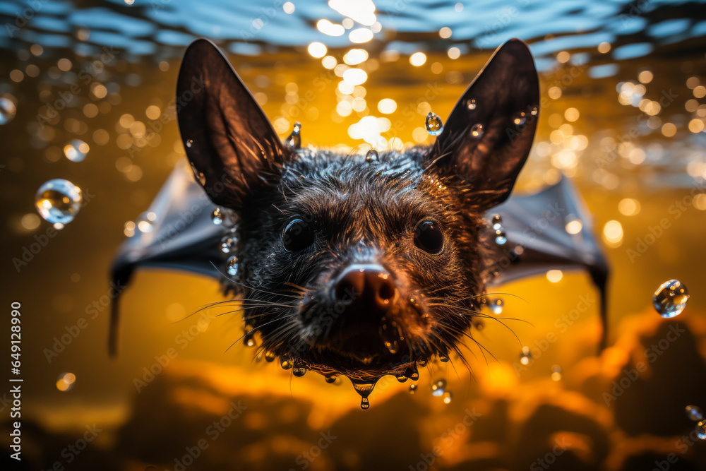 Enchanting view of a bat hanging upside down, its reflection in water ...