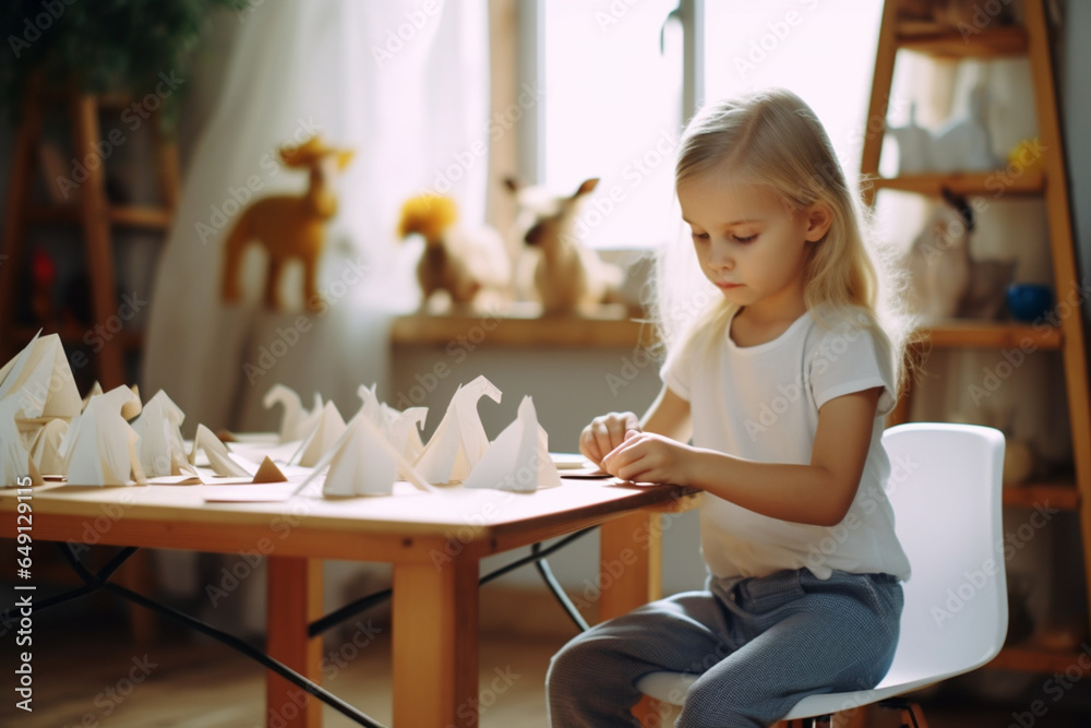 Cute little girl is crouching on the chair playing with paper animals ...