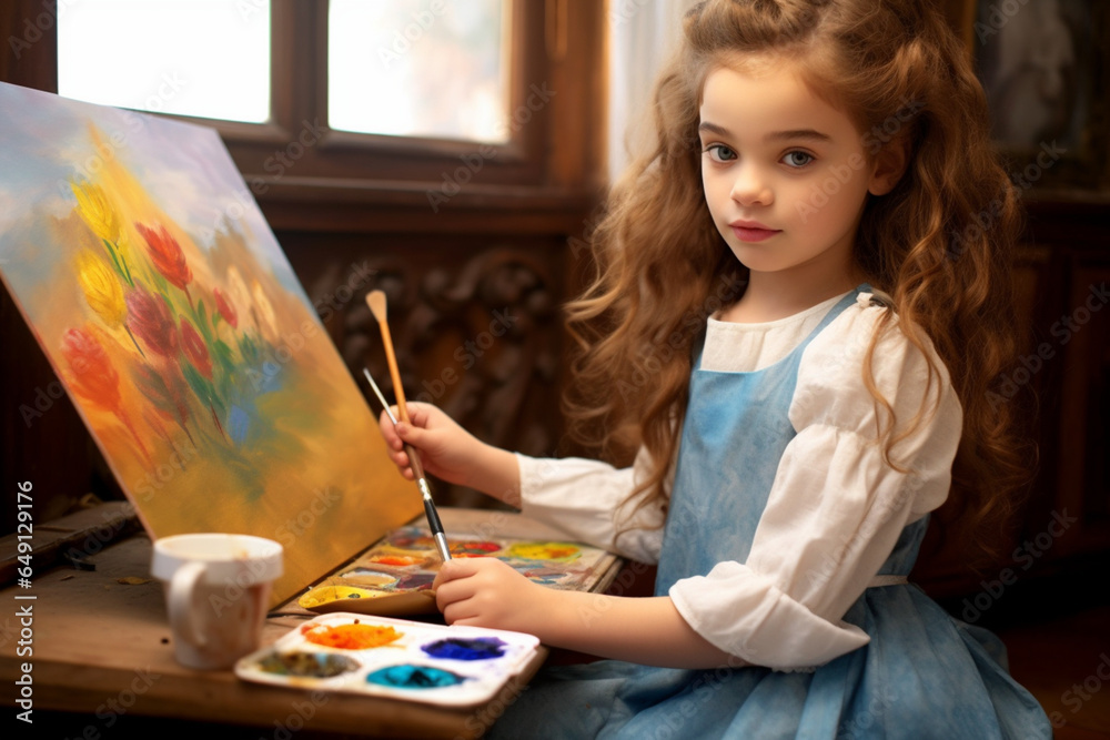 Cute girl drawing with a paint palette and a paintbrush, Little ...