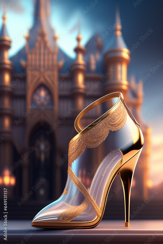 Shiny clear high heel shoe in front of a castle, dark fantasy, 8k ...