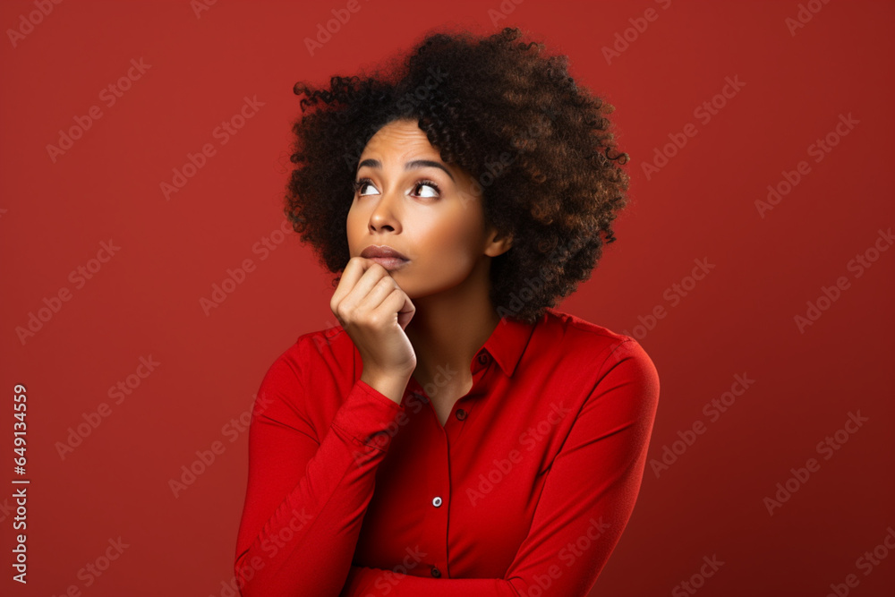 Confused, question and why black woman on studio red background, body ...