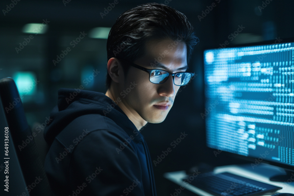 Code, Asian man and reflection in glasses, focus and programming for cyber security, hacking and ...