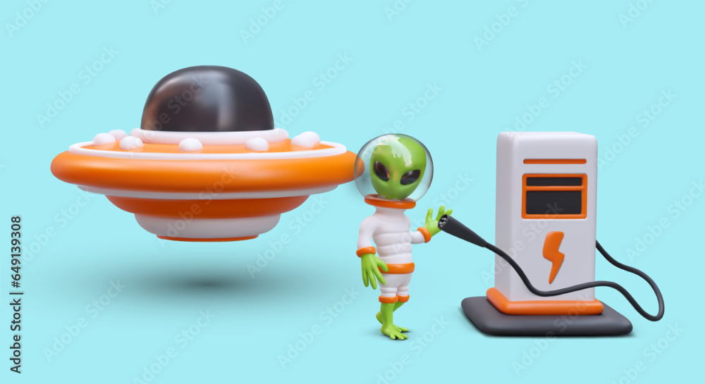 Alien charges flying saucer. Recharging UFO. Advertisement of electric ...