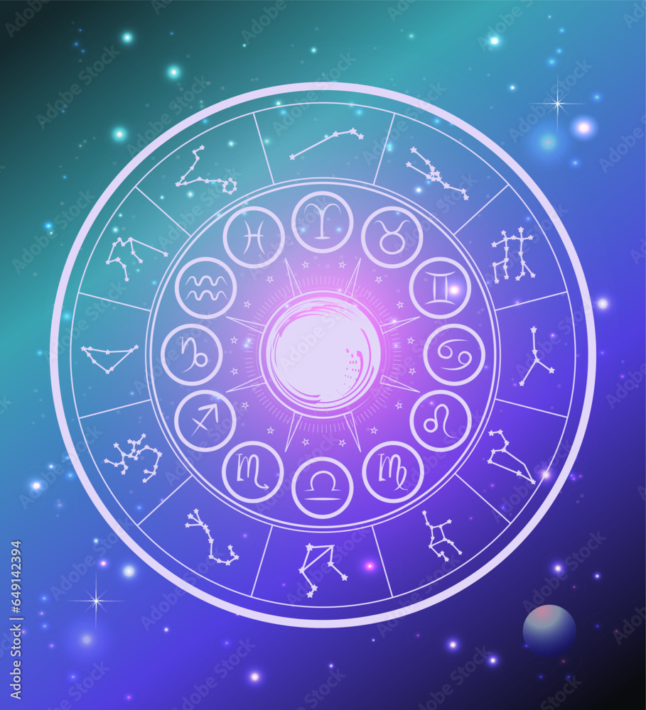 Astrology wheel with zodiac signs in outer space background. Mystery ...