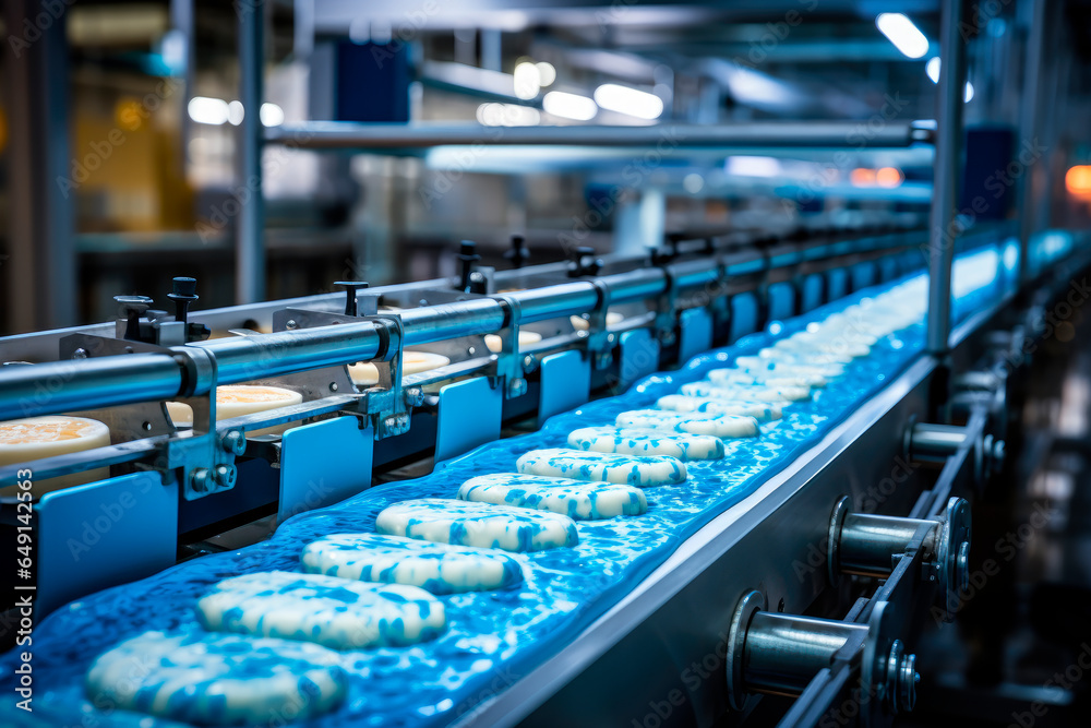 Automated food manufacturing line. Food factory line conveyor machine ...