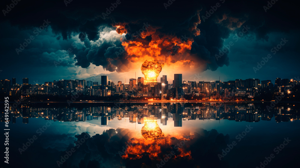 Massive bomb explosion on the night city. Nuclear war Stock Photo ...