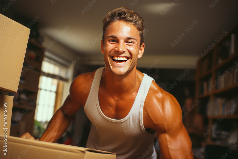 Impressive muscular man effortlessly lifting heavy box in apartment ...