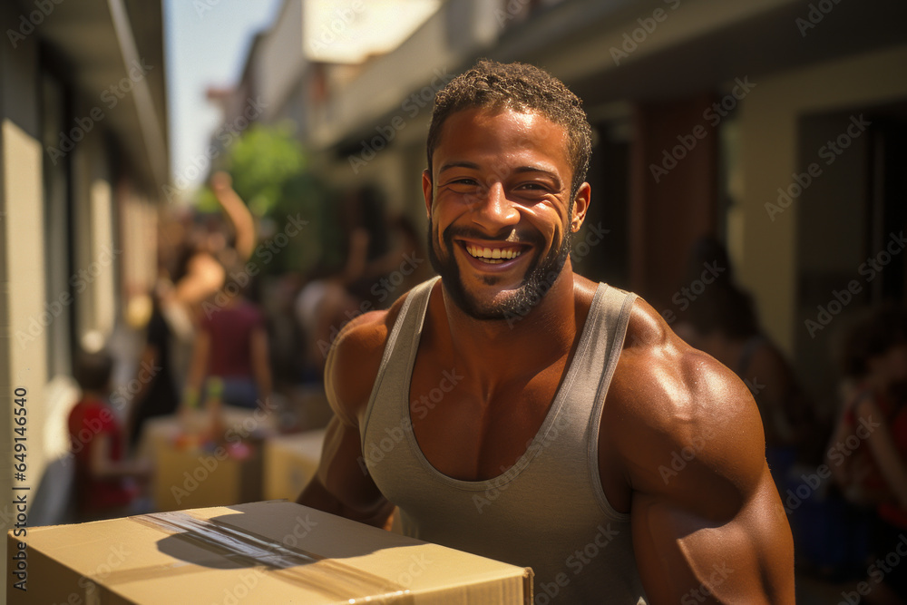 Powerful display of a muscular man effortlessly lifting a heavy box ...