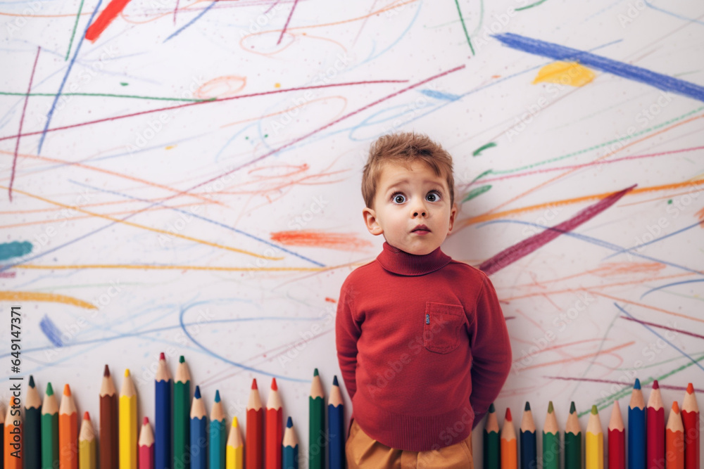 Child mischief, Boy with a distracted face because he drew the entire ...