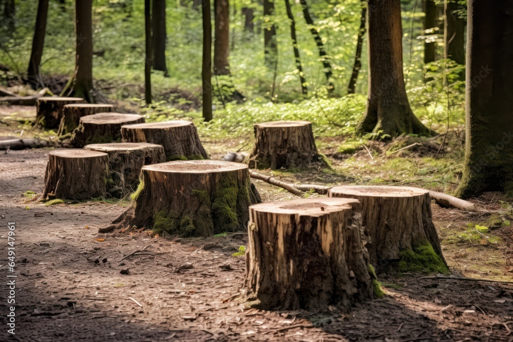 Many tree stumps in summer forest. Deforestation and forest degradation ...