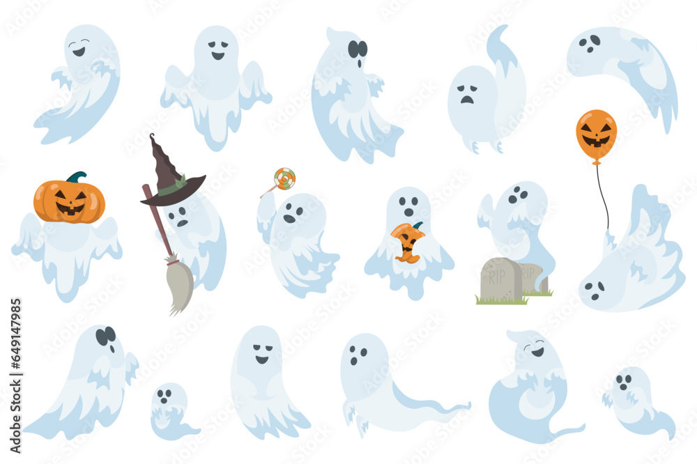 Stockvector Cute ghosts mega set elements in flat design. Bundle of ...