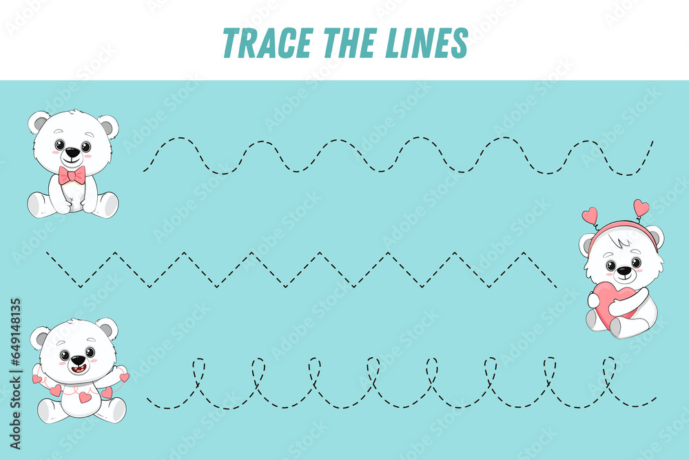 Tracing lines for kids. Cute cartoon polar bear with pink heart. Teddy ...