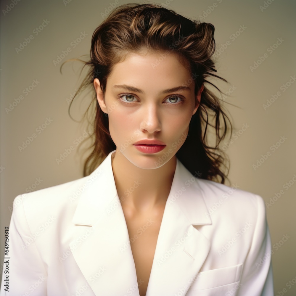 Beautiful woman in white suit, sharp facial features, good facial ...