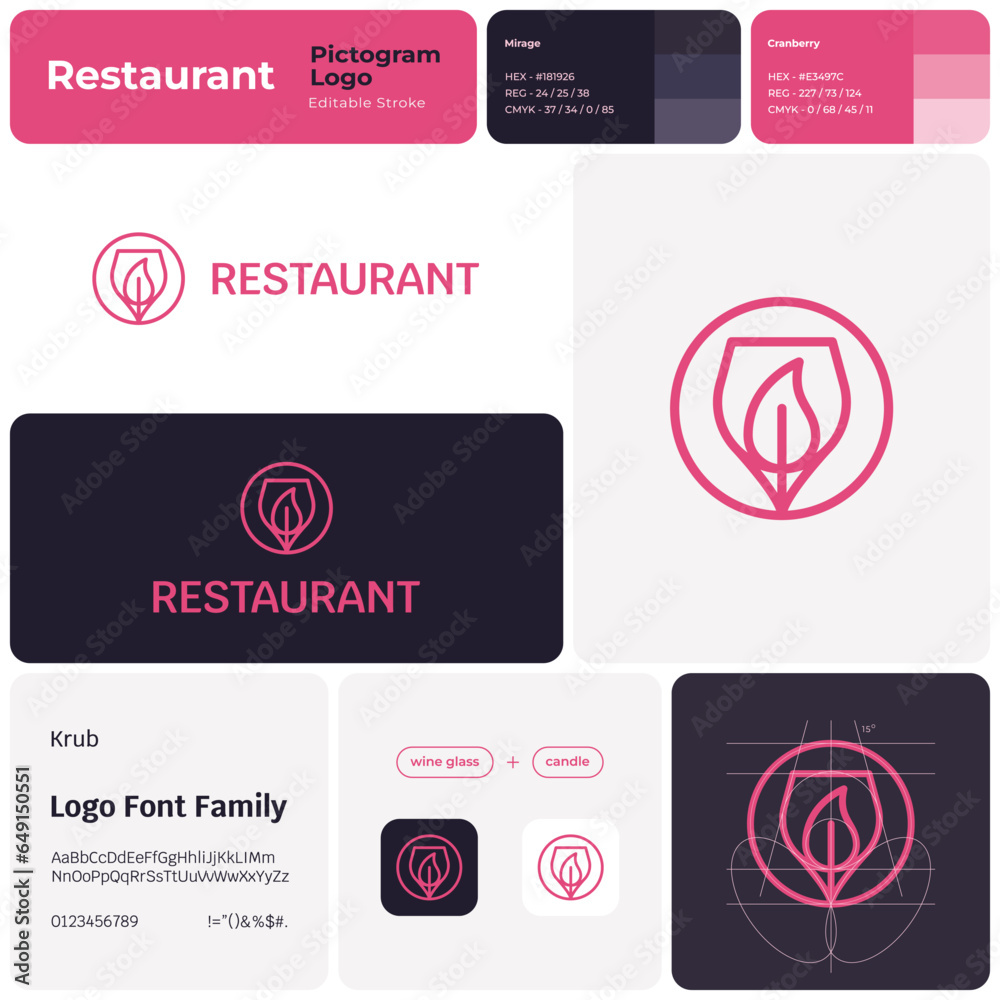 Restaurant line business logo with brand name. Wineglass and candle ...