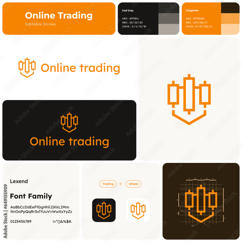 2D online trading business logo with brand name. Trading and shield ...
