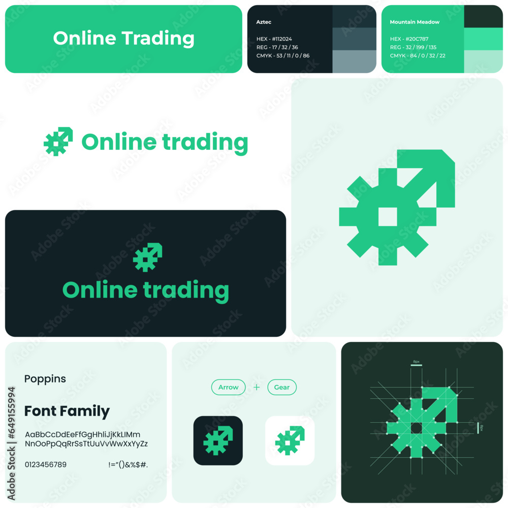 2D online trading business logo with brand name. Arrow and gear icon ...
