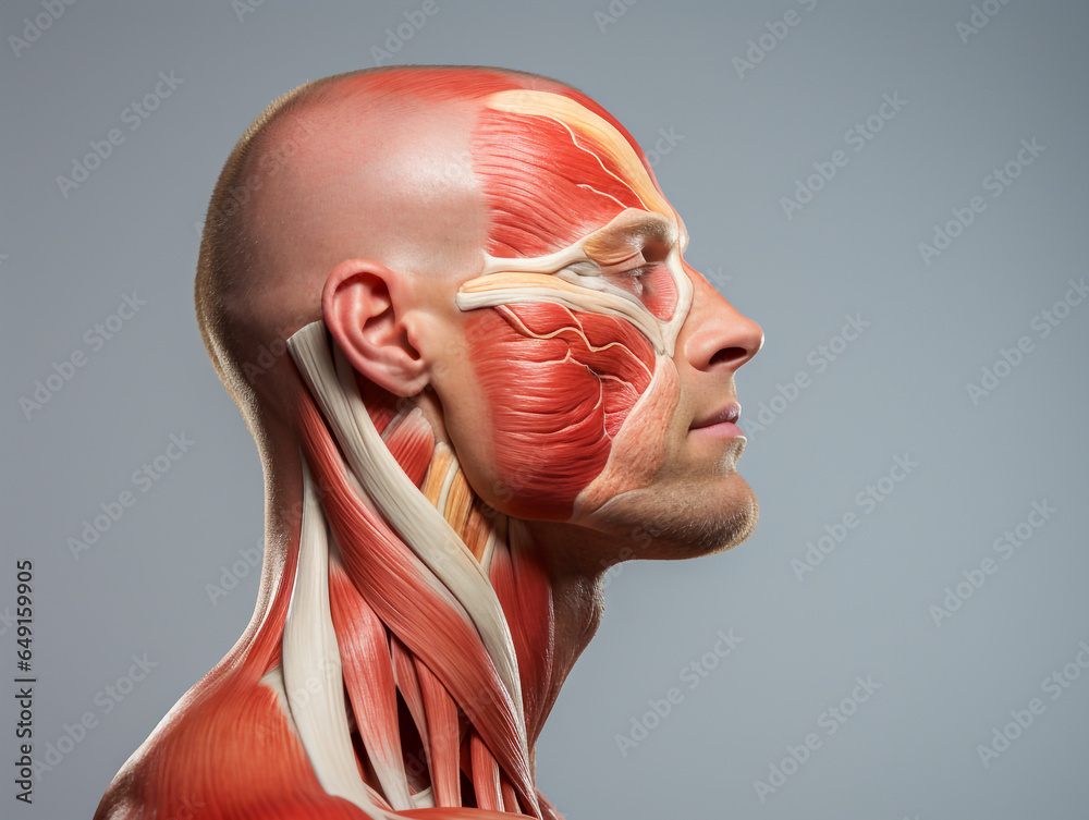 Face muscle anatomy, profile, isolated on light gray background Stock ...