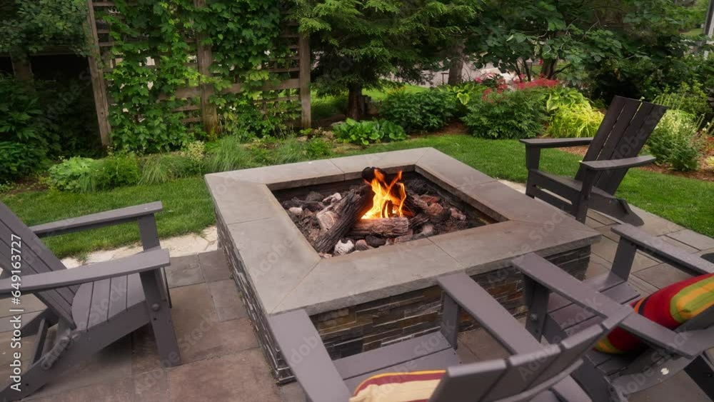 orbiting shot of a propane fire pit with a roaring flame surrounded by ...