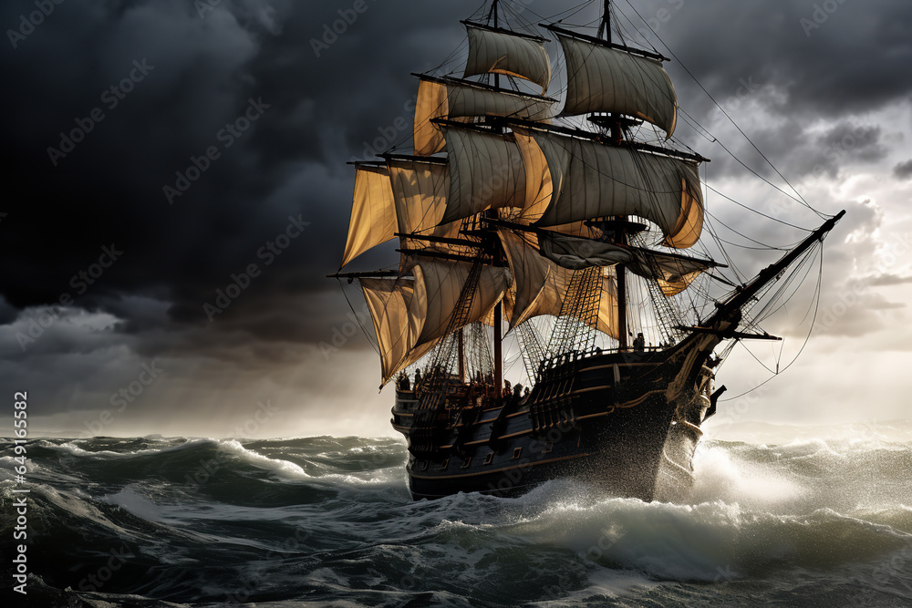 A pirate ship sails through a violent storm, waves crashing onto the ...