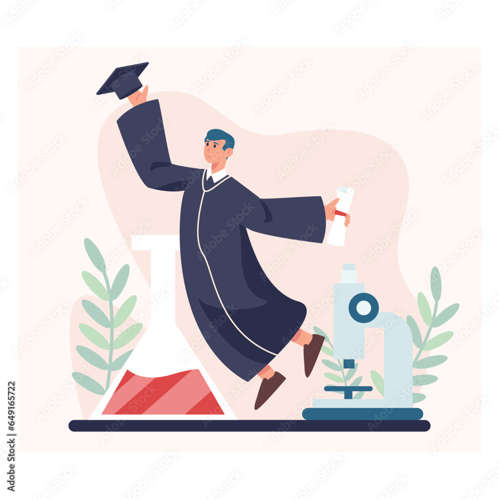 Young man in academic dress holding hat and jumping. Student graduated ...