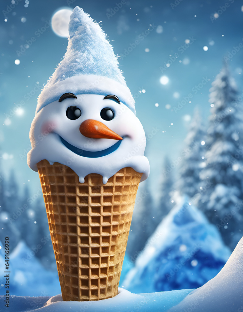 Bonhomme de neige souriant dans un cornet de glace, humour de Noël ...