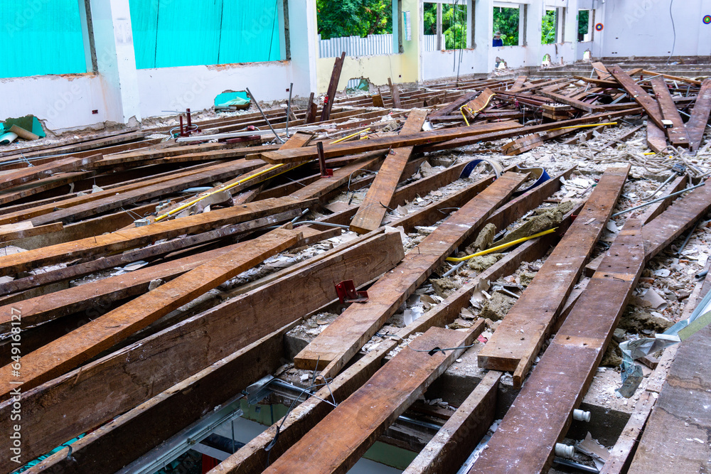 School building after demolished building. Timber floor removed when ...