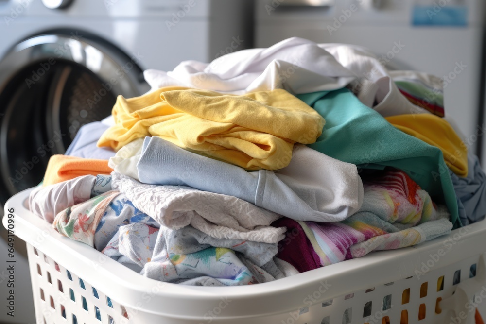 A laundry basket filled with clothes next to a washing machine. This ...