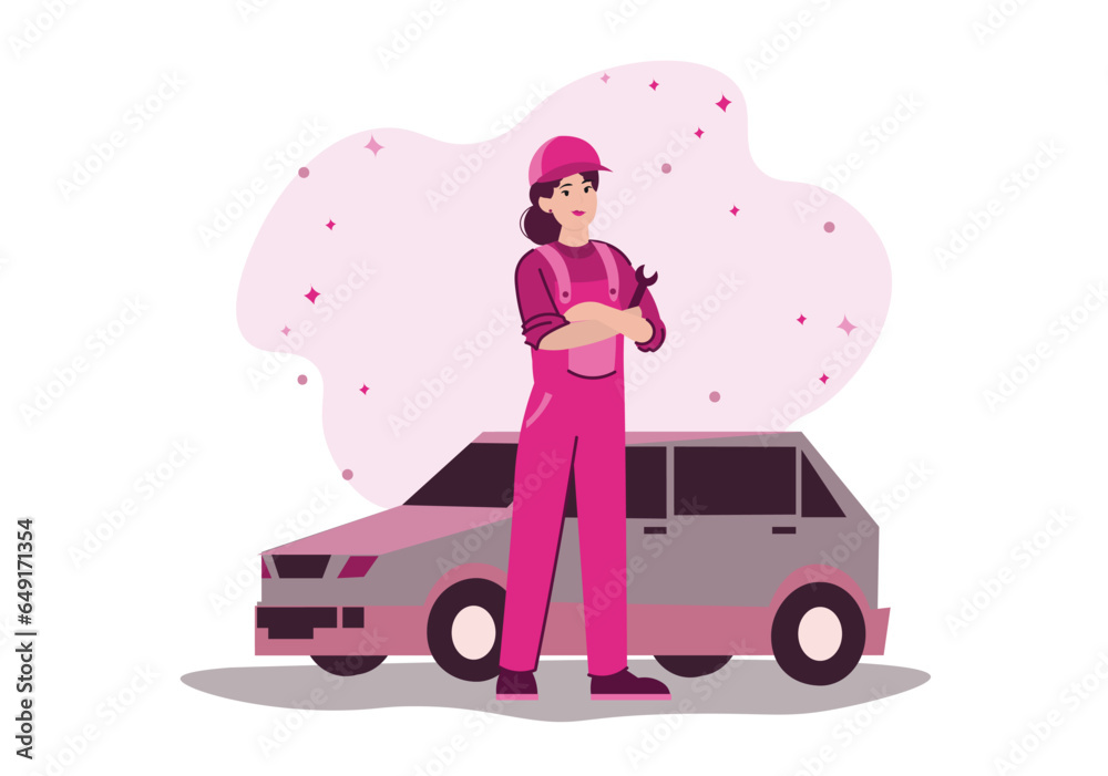 Woman mechanic concept with people scene in the flat cartoon style. The ...