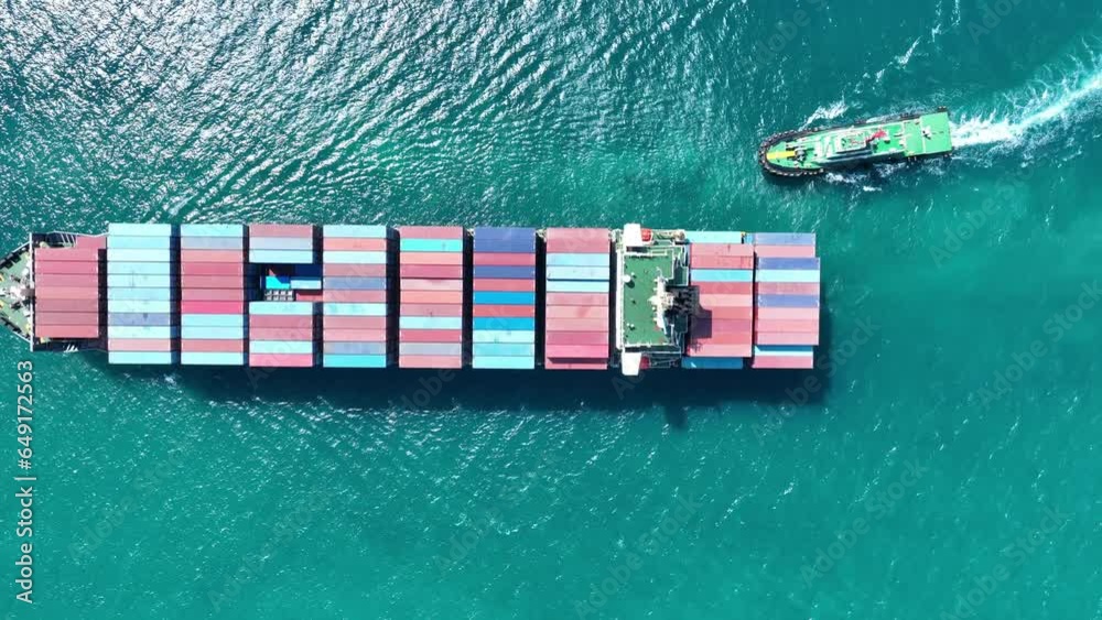 Cargo container Ship with tug boat, cargo maritime ship with contrail ...