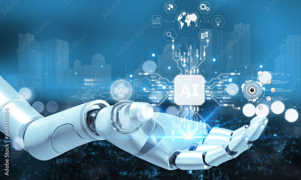 Computer programming knowledge concept, Cyber digital world android robot pointing finger ...