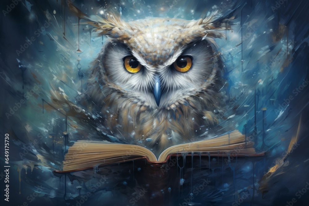 An abstract, surreal portrait of an owl with feathers that transform ...