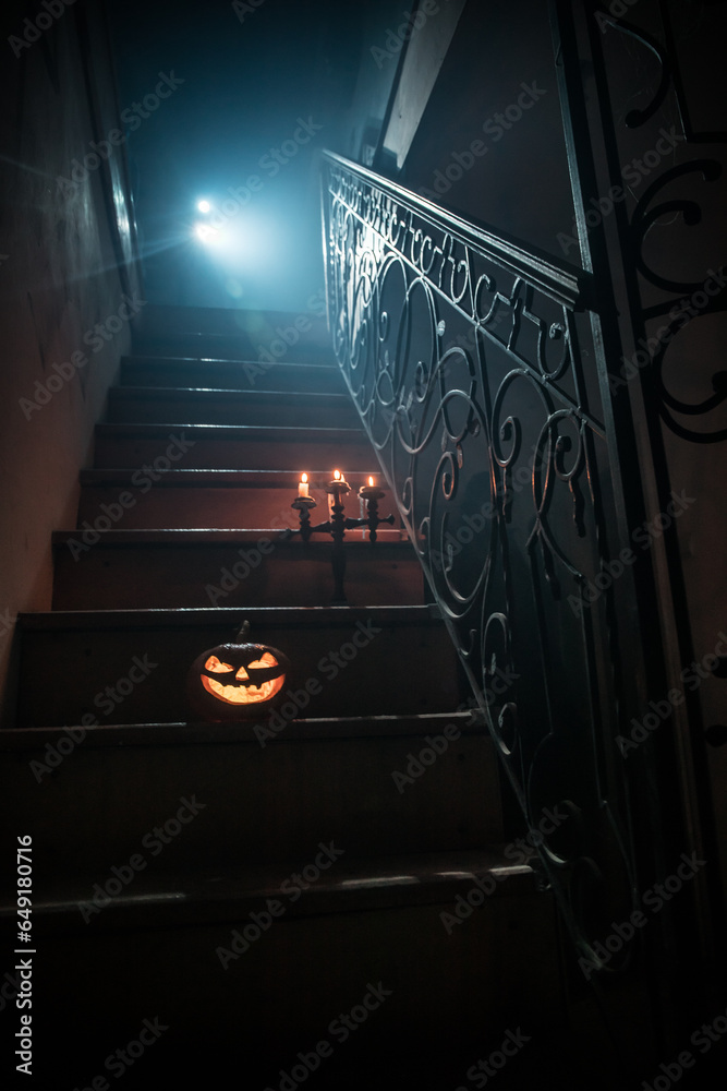 Inside of old creepy abandoned mansion. Silhouette of horror ghost ...