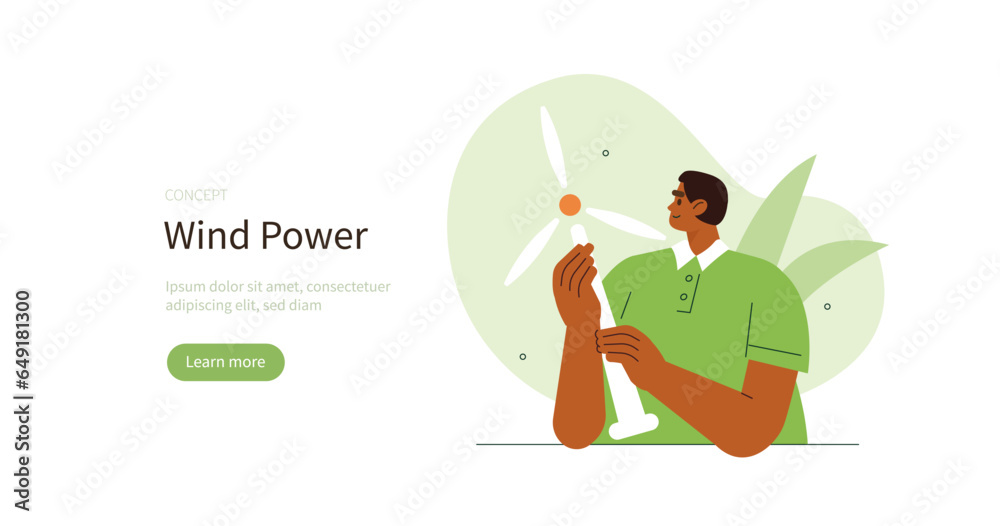 Climate change and sustainability. Character holding wind turbine as ...