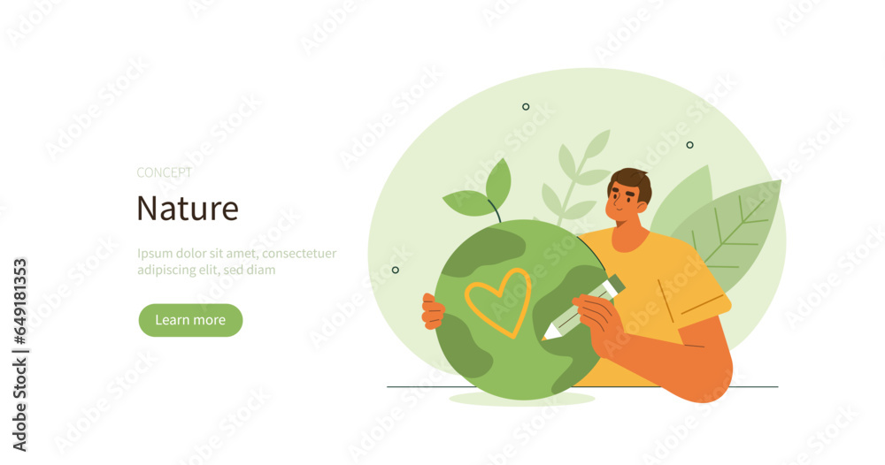 Climate change and sustainability. Character showing benefits of nature ...