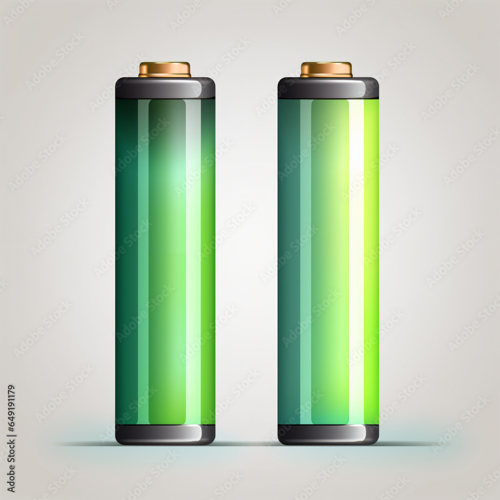 AA battery lying horizontally. Left side is dull gray and right side is ...
