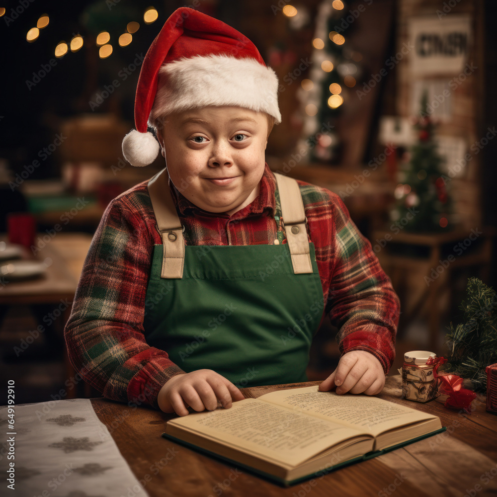 10-year-old boy with down syndrome dressed as a Christmas elf with a ...