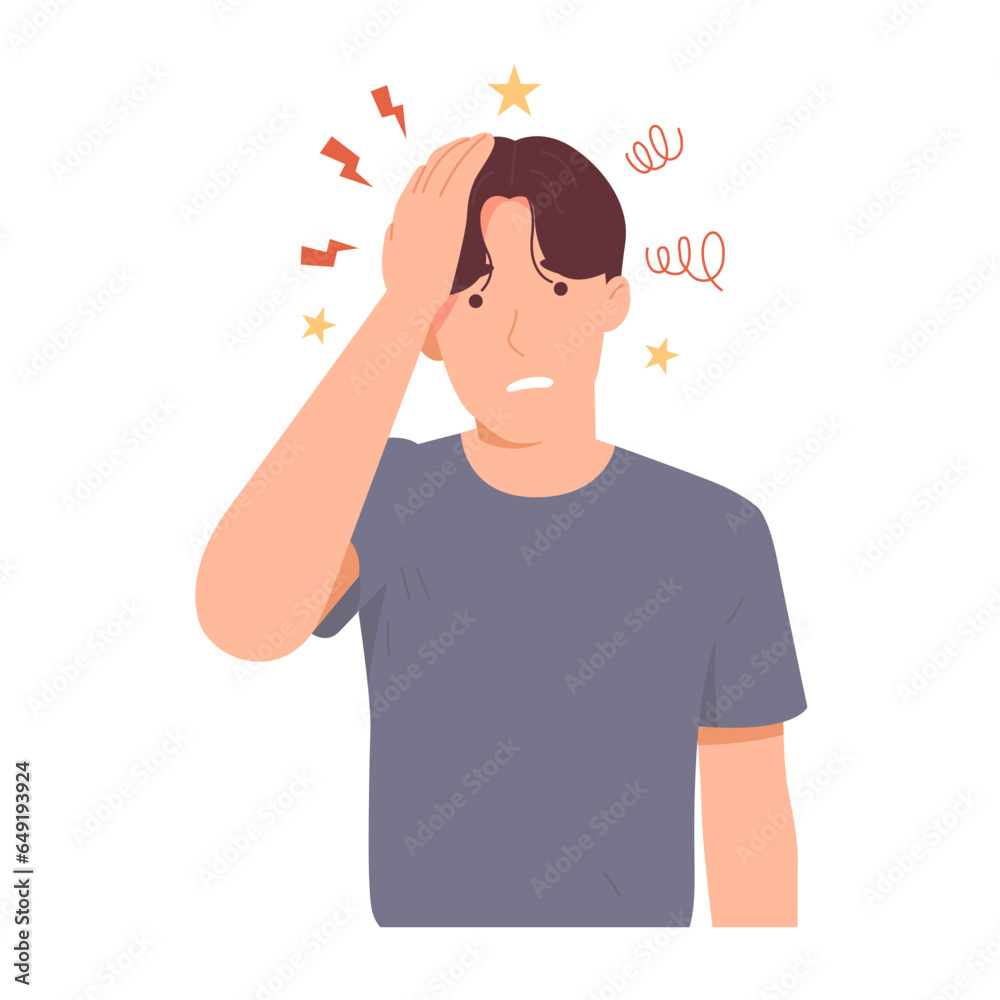 Man has a migraine attack. Symbol of dizziness, headache, brain pain ...